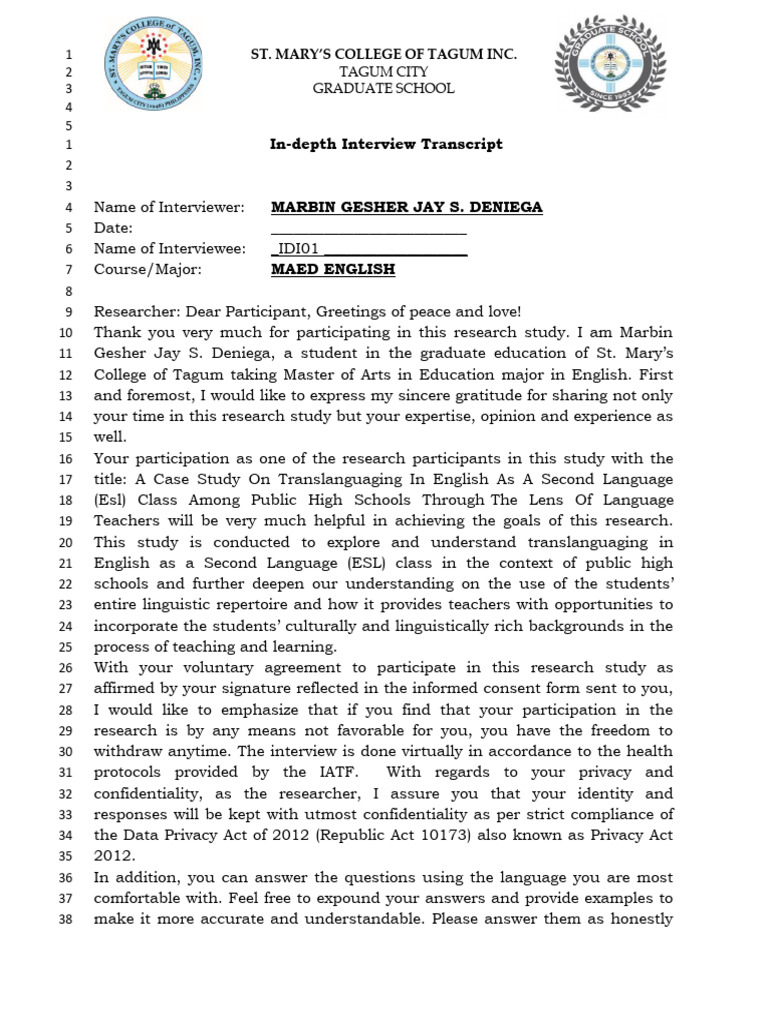 IDI Transcription Format | PDF | English As A Second Or Foreign ...