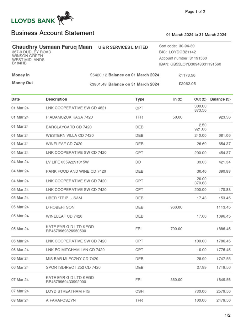 Business Lloyds Bank Statement Mar | PDF | Regulation | Financial ... Business Lloyds Bank Statement Mar | PDF | Regulation | Financial ...