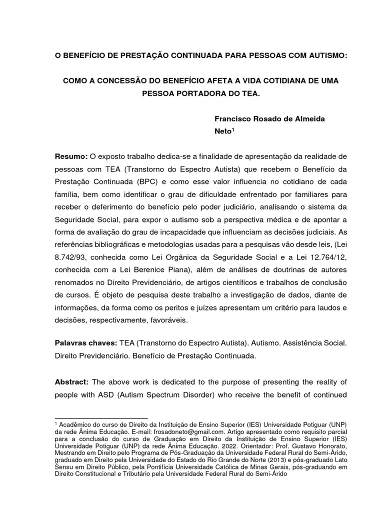 TCC Francisco Rosado - Oficial - Artigo Cientifico | PDF | Espectro do autismo | Deficiência