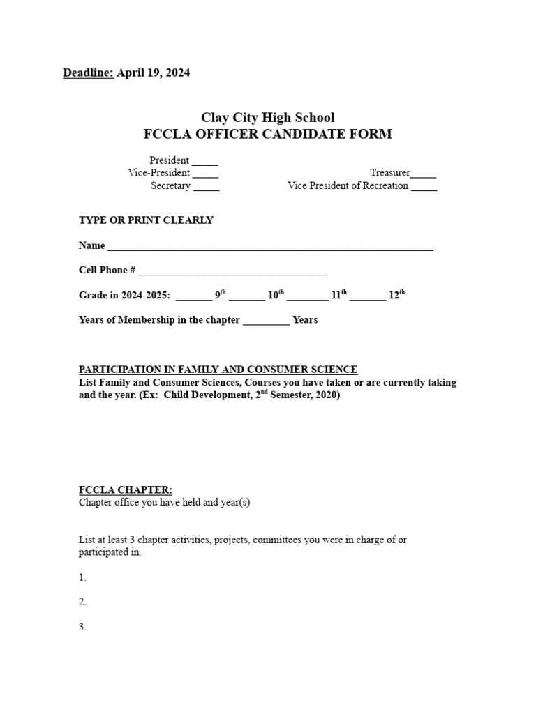 FCCLA Officer Candidate Application Form | PDF | Career & Growth