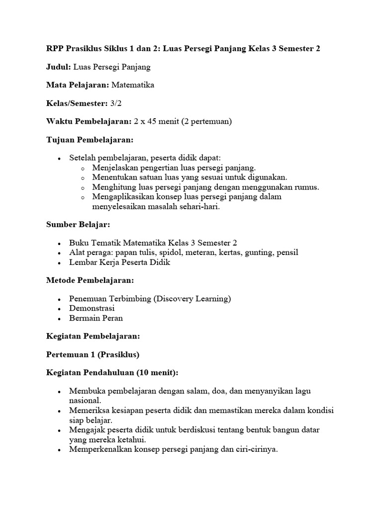 RPP Prasiklus Siklus 1 Dan 2 RPP MTK Kelas 3 | PDF
