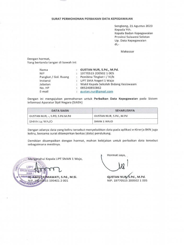 Surat Permohonan Perbaikan Data Kepegawaian | PDF