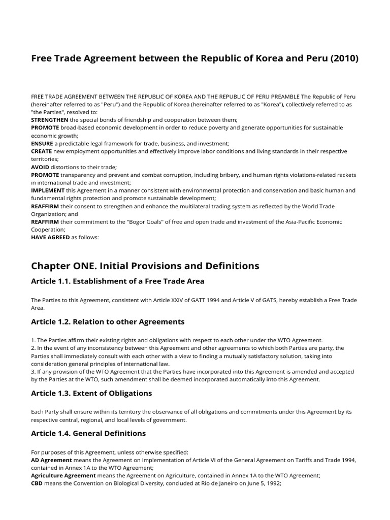 Korea Republic of Peru Fta 2010 | PDF | World Trade Organization | Most ...