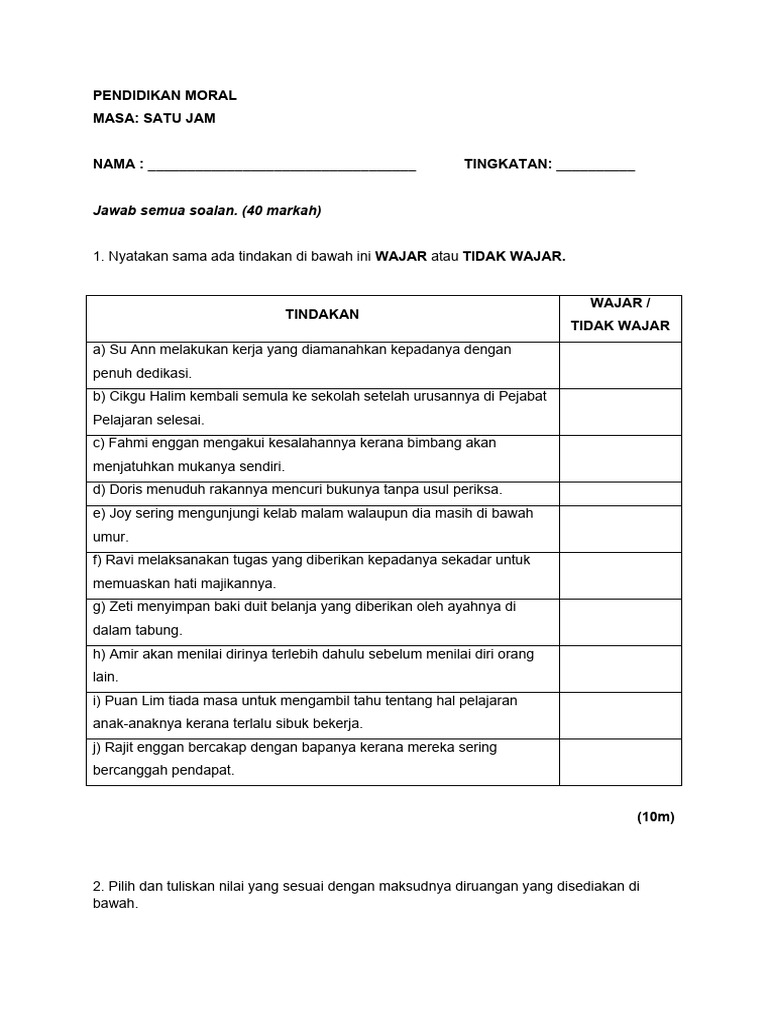 Latihan Pendidikan Moral Tingkatan 3 | PDF