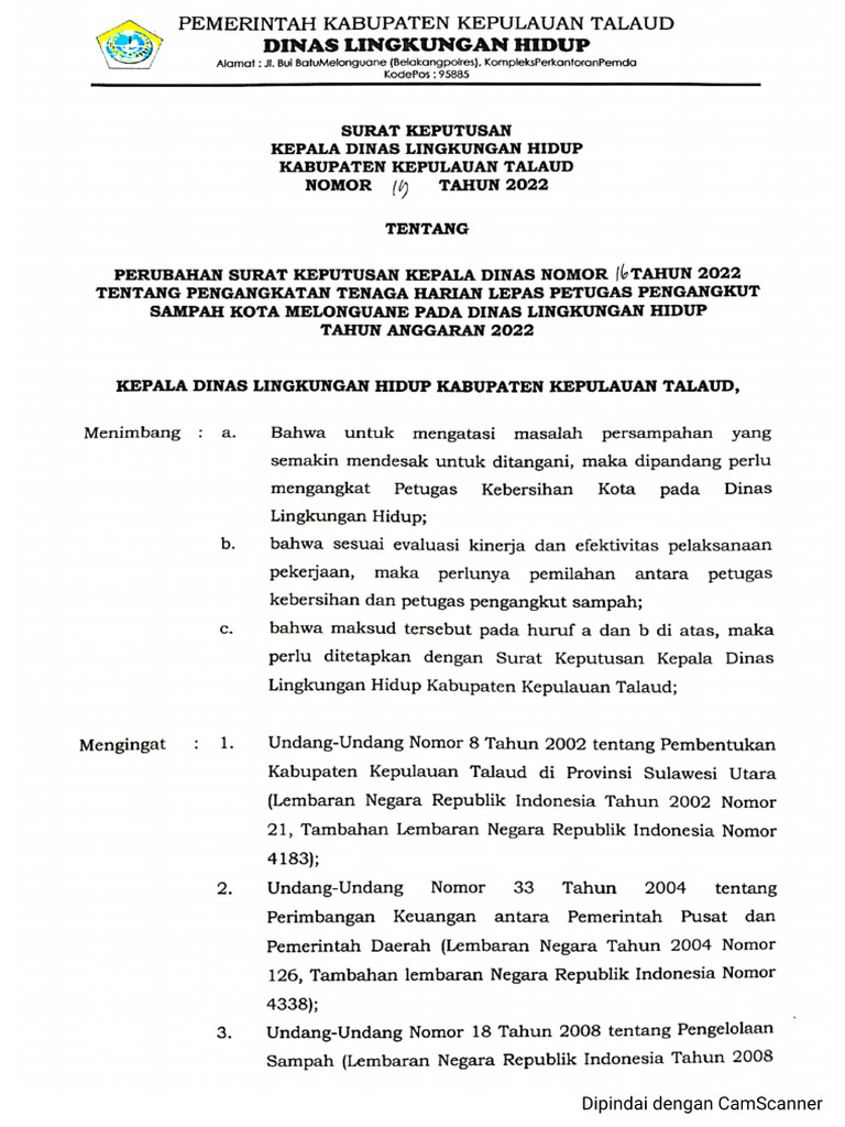 SK Kepala Dinas Lingkungan Hidup No. 19 Tahun 2022 Tentang Pengangkatan THL Petugas Pengangkut ...