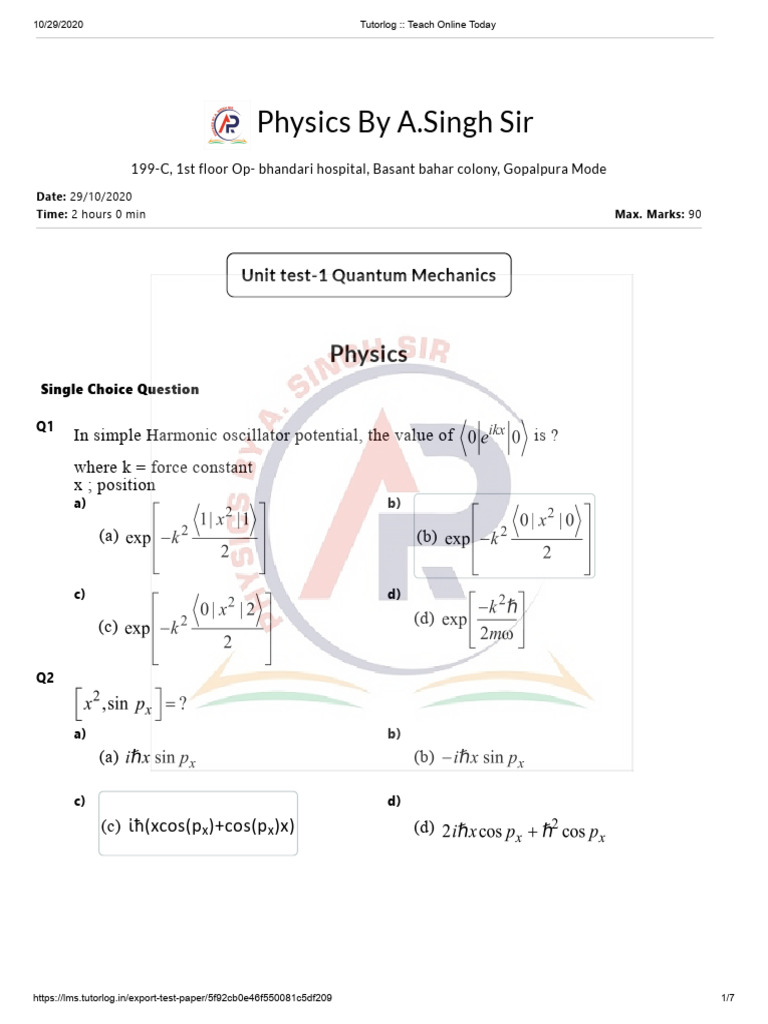 A Singh Quantum Test Csir Net Justice | PDF | Mechanics | Scientific ...