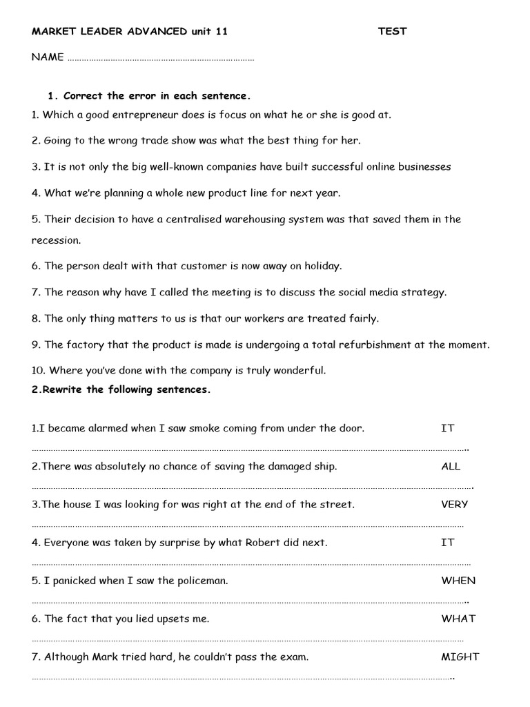 Market Leader Advanced Unit 11 Test | PDF