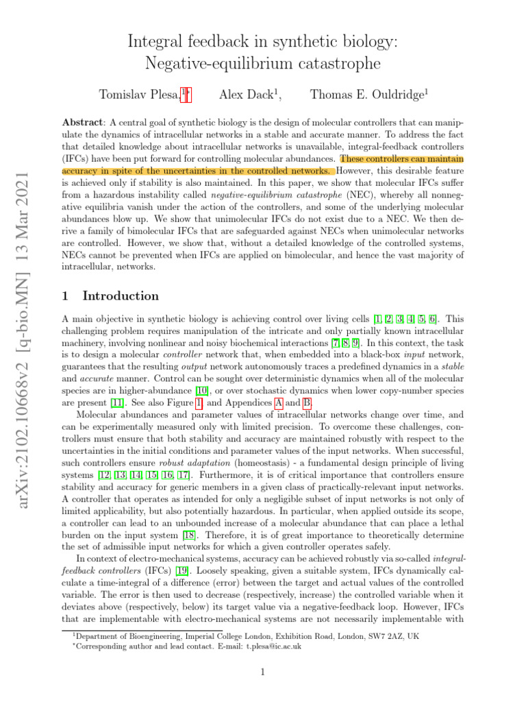 Integral Feedback in Synthetic Biology: Negative-Equilibrium ...