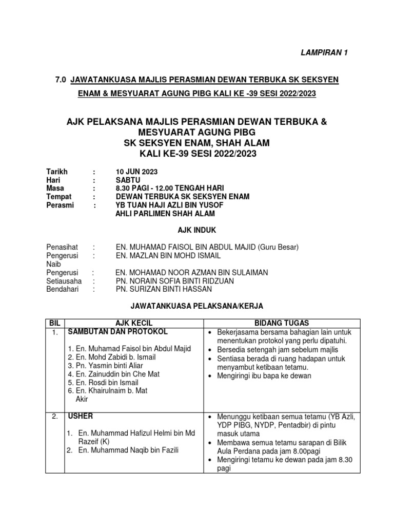 Ajk Pelaksana Perasmian Dewan & Mat Tahun 2023, Aturcara Majlis | PDF