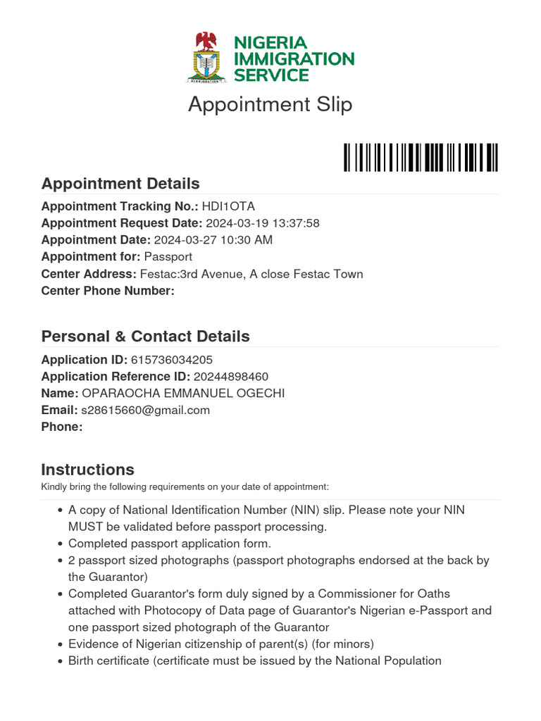 Passport Appointment Slip Details | PDF | Identity Document | Government