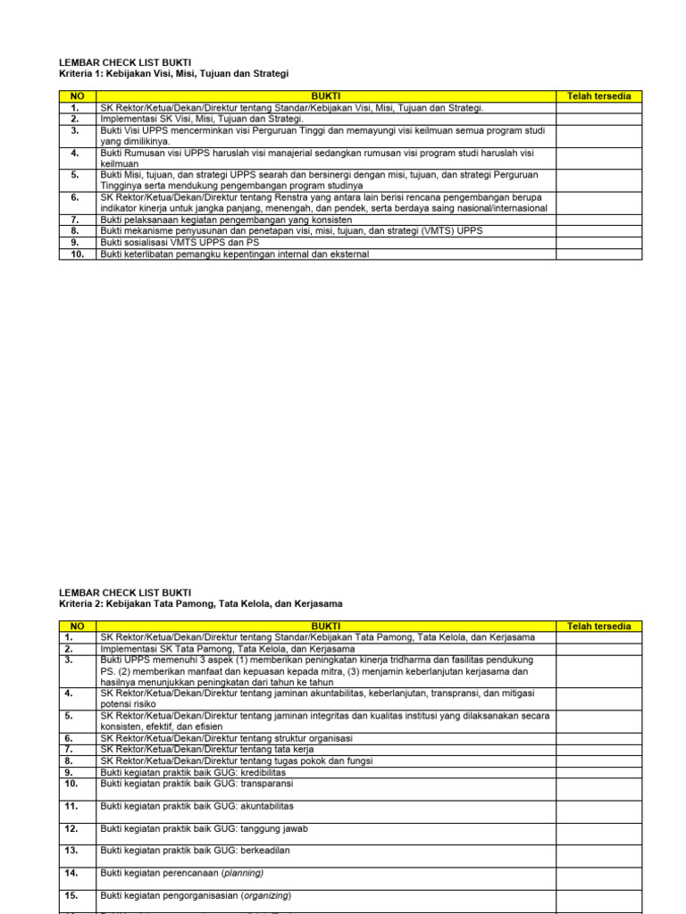 0 - Lembar Check List Dokumen Akreditasi | PDF | Karier & Perkembangan | Bisnis