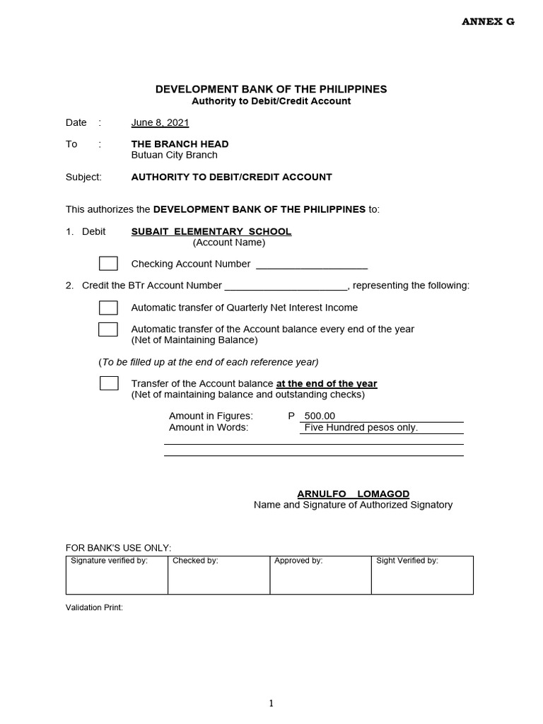 Annex G Authority To Transfer Funds To BTR DBP | PDF