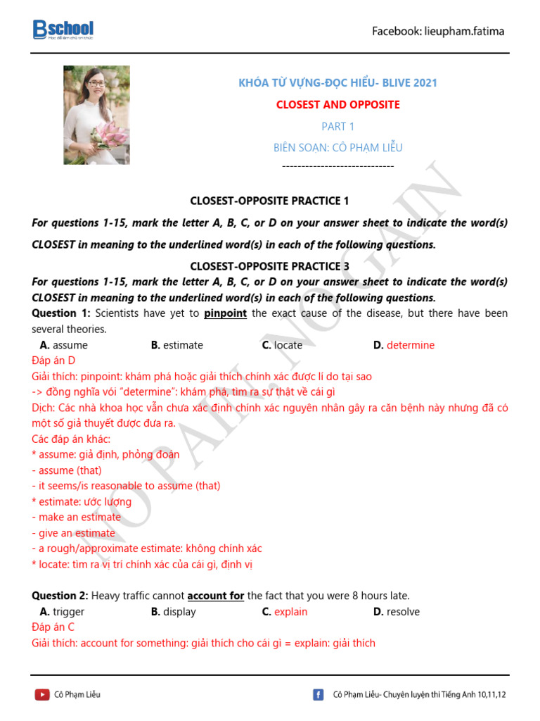 Giải Chi Tiết - Closest and Opposite - Cô Phạm Liễu - Part 1 | PDF