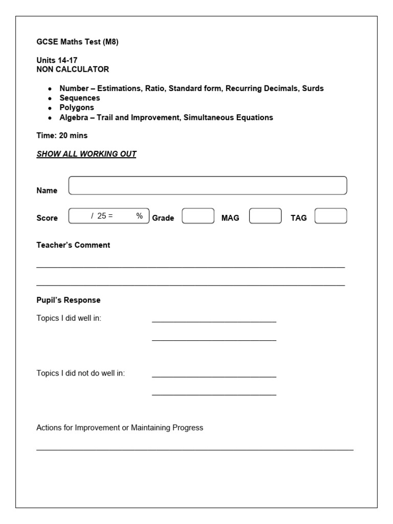 GCSE Maths M8 Units 14-17 Test Questions (Tracking 1) | PDF | Numbers ...