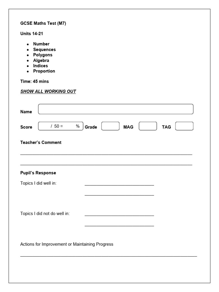 GCSE Maths M7 Year 12 Units 14-21 Test (Tracking 1) | PDF | Numbers ...