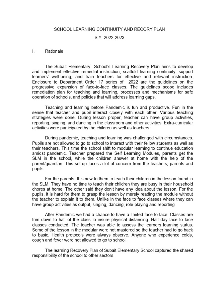 School Learning Continuity and Recory Plan | PDF | Teachers | Classroom