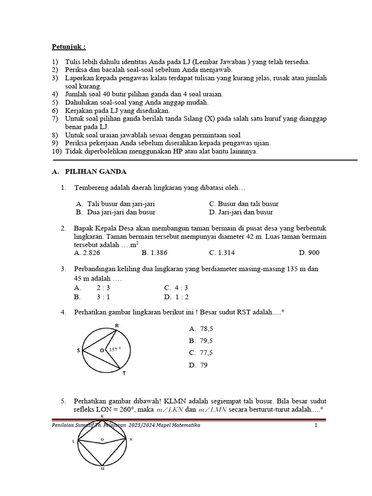 (SOAL) Sumatif Matematika Kelas 8 2023-2024 | PDF | Metode & Bahan Ajar