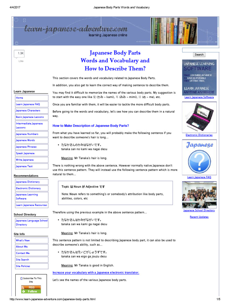 Japanese Body Parts Vocabulary Guide | PDF | Japanese Language ...