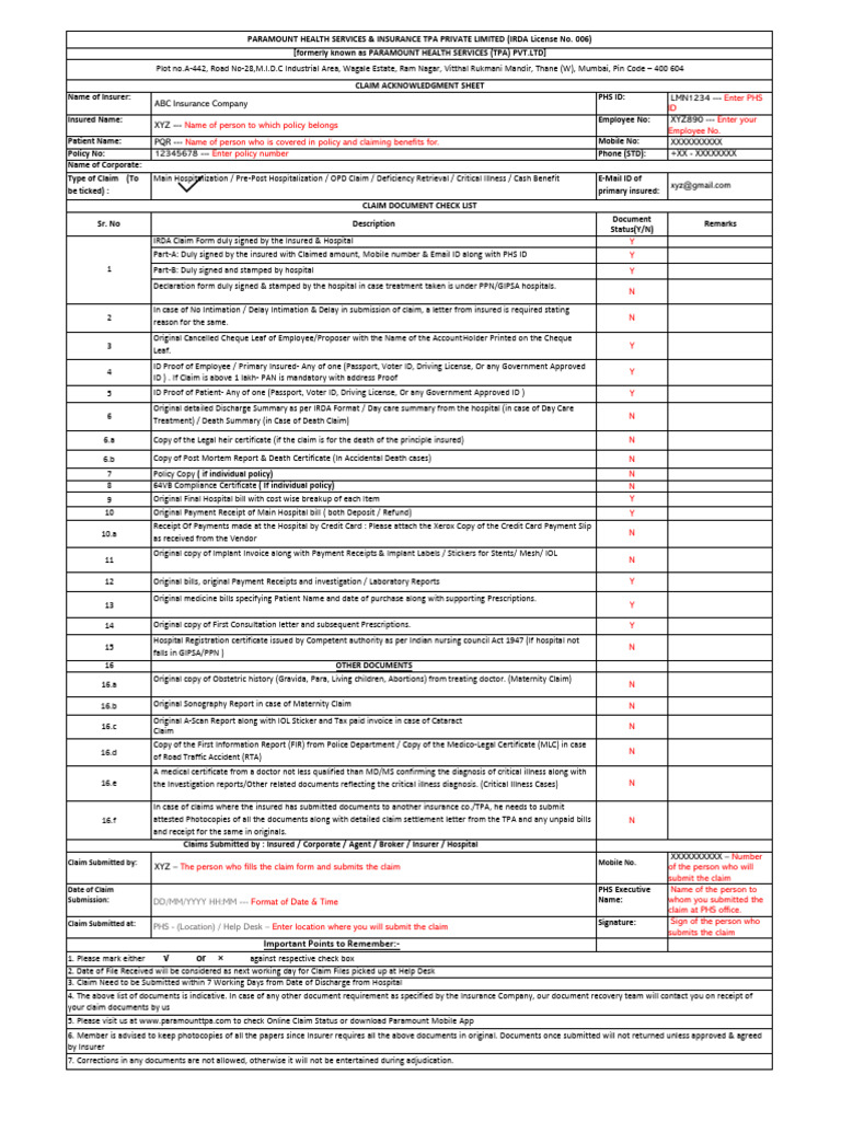 Sample Filled Claim Form | PDF | Insurance | Hospital