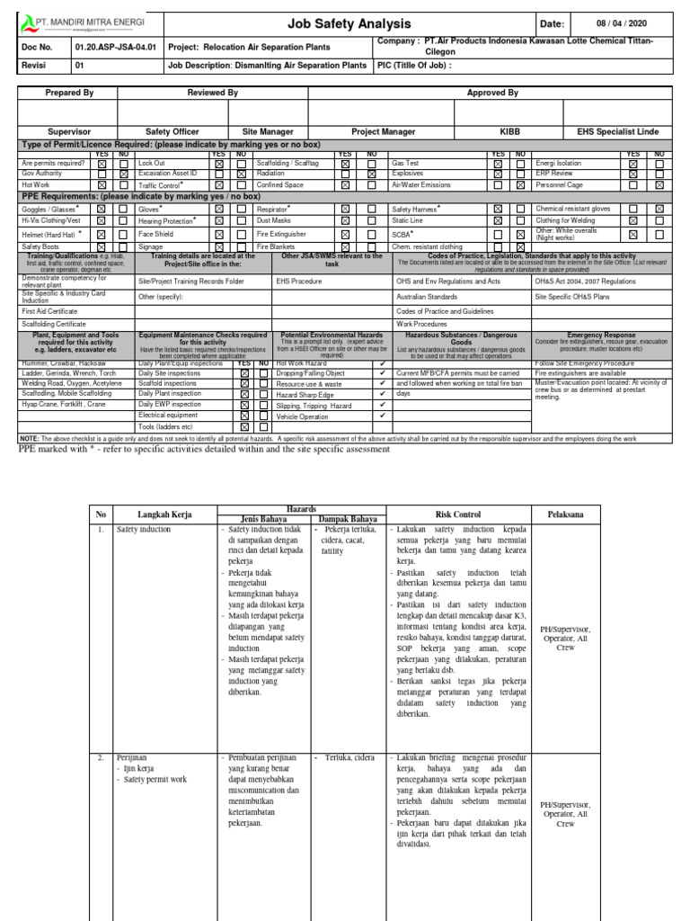 01.20.ASP-JSA-04.01 (In) - JSA For Dismantling Air Separation Plants | PDF