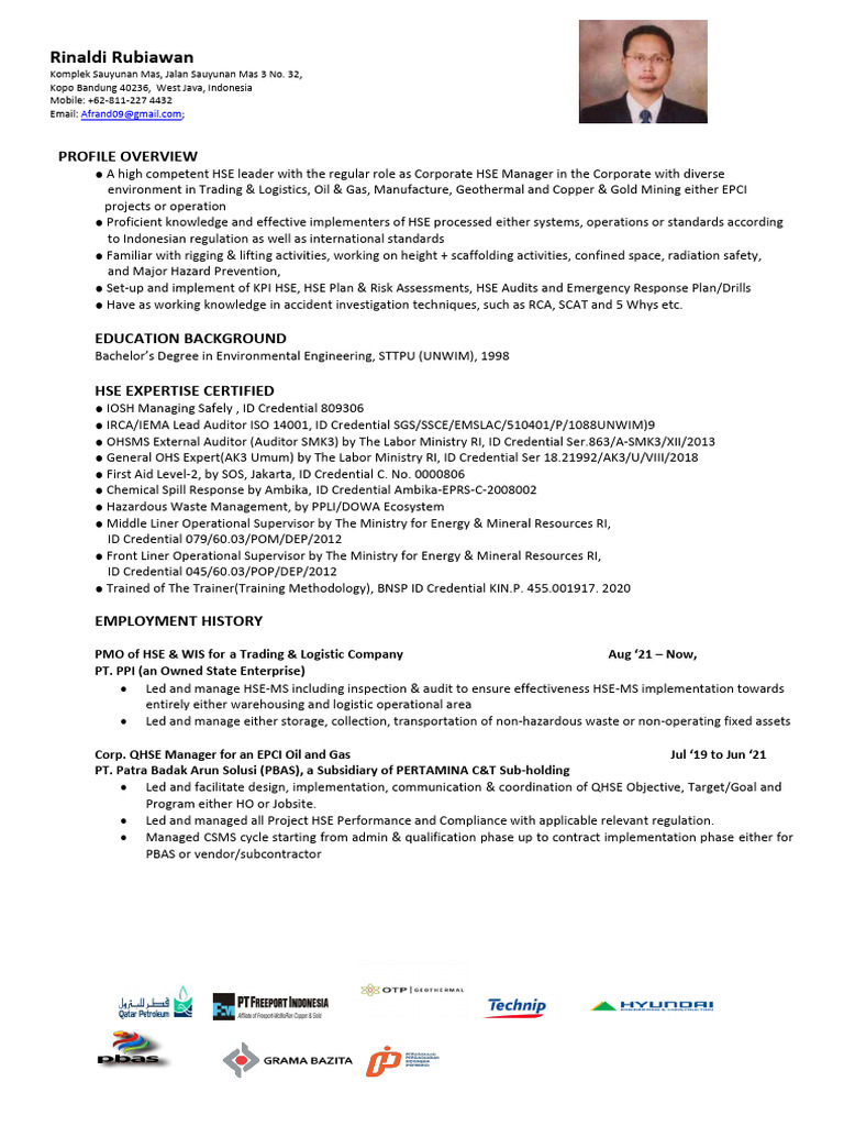 HSE - Rinaldi Rubiawan CV'S, Updated | PDF | Regulatory Compliance | Audit
