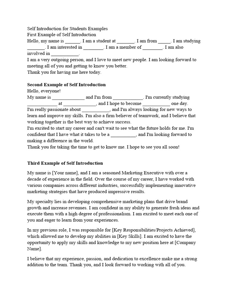 Self Introduction Examples for Students | PDF | Expert | Human ...