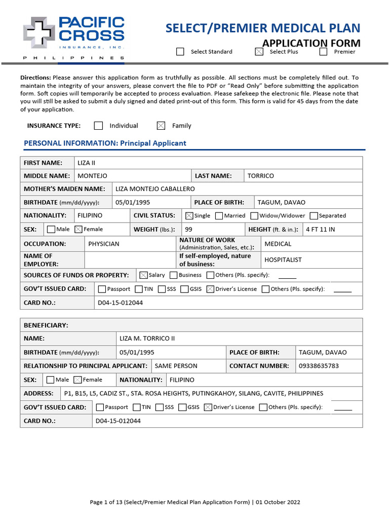 Select/Premier Medical Plan Application | PDF | Insurance | Pre ...