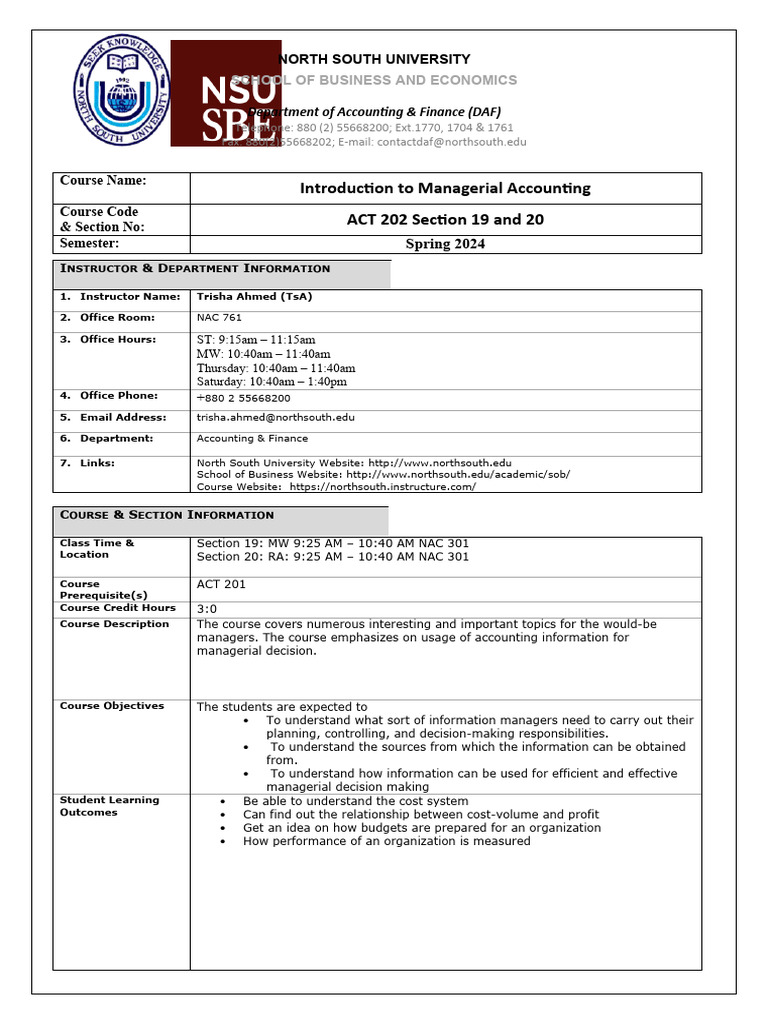 ACT202 - Course Outline - Spring2024 | PDF | Academic Dishonesty