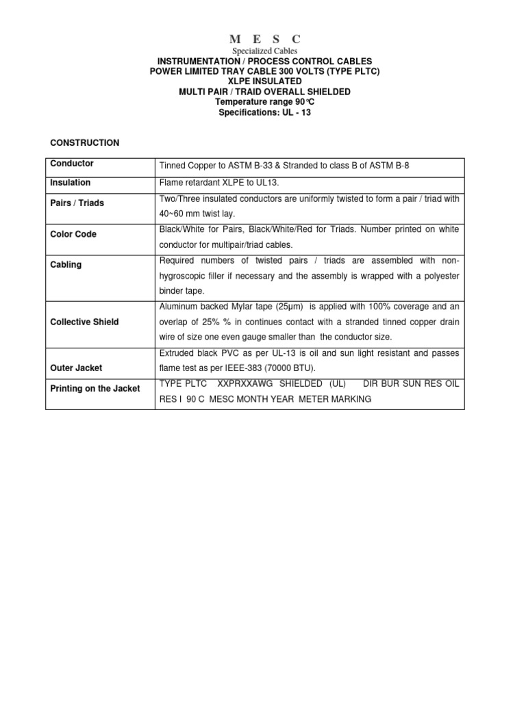 Industrial Cable Specifications | PDF | Electrical Conductor ...