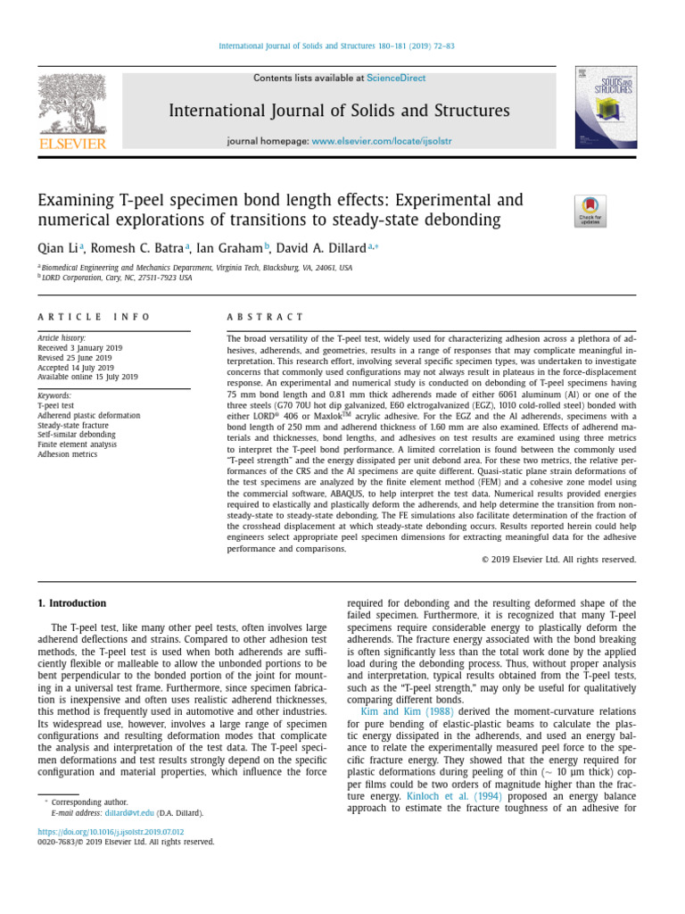 Examining T-Peel Specimen Bond Length Effects - Experimental and ...