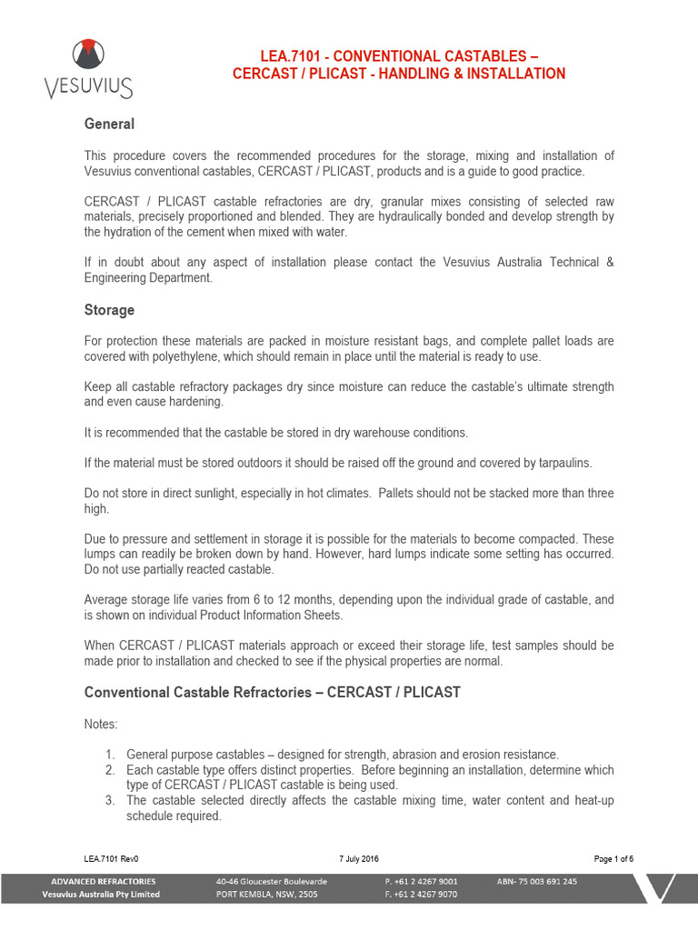 LEA.7101 Conventional Castables - Handling and Installation Rev0 | PDF ...
