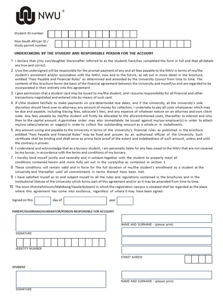 NWU Financial Undertaking With Adress - Final | PDF | Salary | Fee