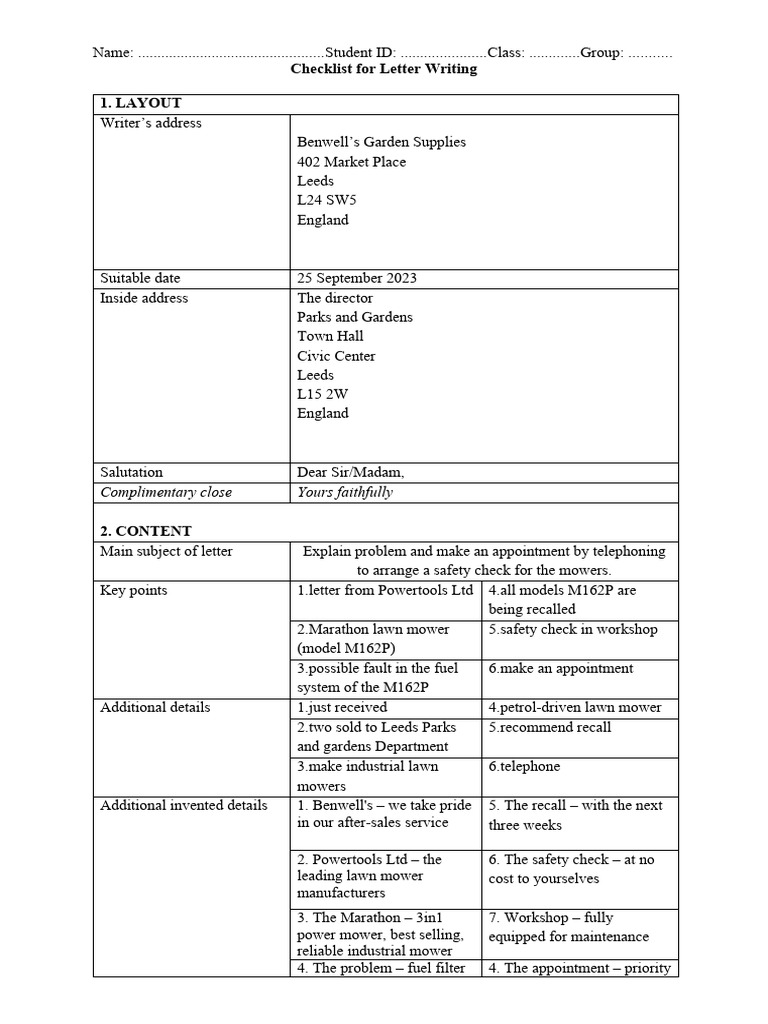 Writing Letter - Checklist | PDF | Lawn | Lawn Mower