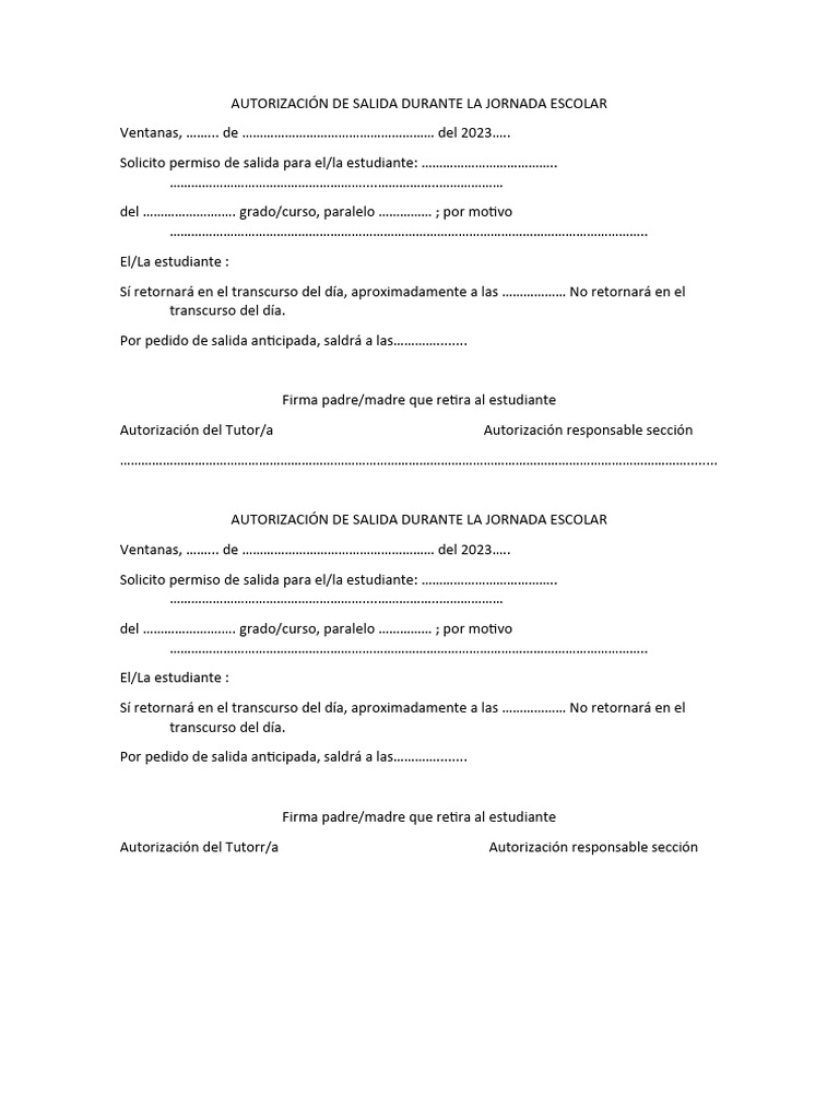 Autorización de Salida Durante La Jornada Escolar | PDF | Crecimiento personal y profesional