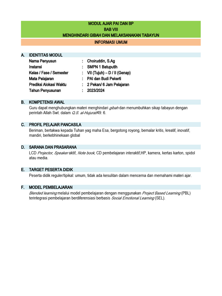 Modul Ajar Kelas 7 PAI - Bab 8 | PDF