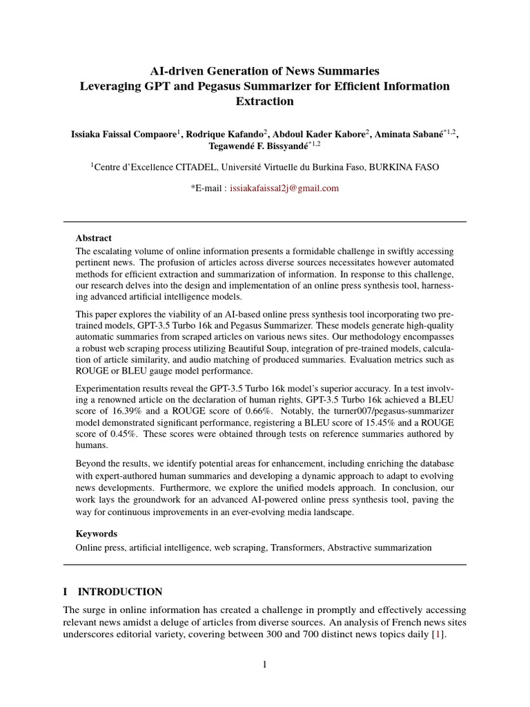 AI-driven Generation of News Summaries - Leveraging GPT and Pegasus Summarizer For Efficient ...