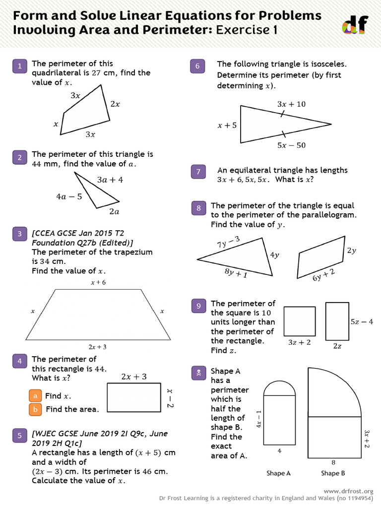 Form and Solve Linear Equations For Problems Involving Perimeter ONLY - Exercise 1 | PDF ...