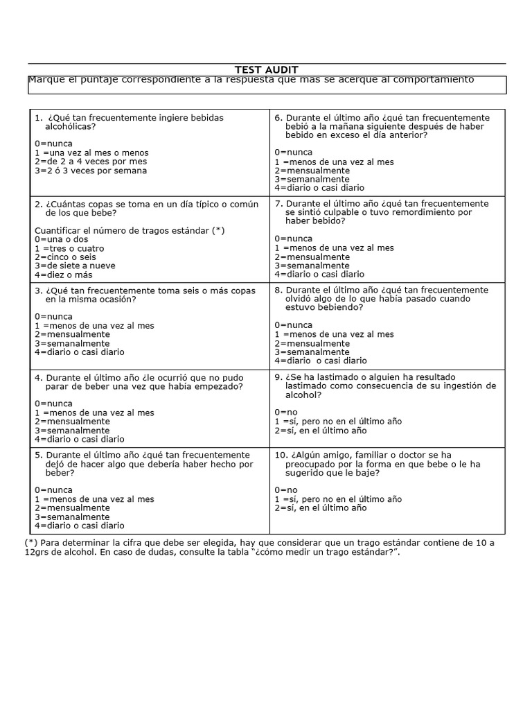 Test AUDIT ALCOHOL | Descargar gratis PDF | Bebidas alcohólicas ...