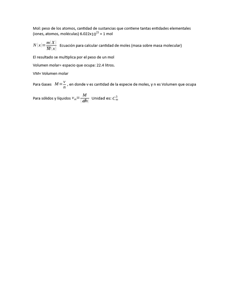 Conceptos Clave del Mol y Volumen Molar | PDF