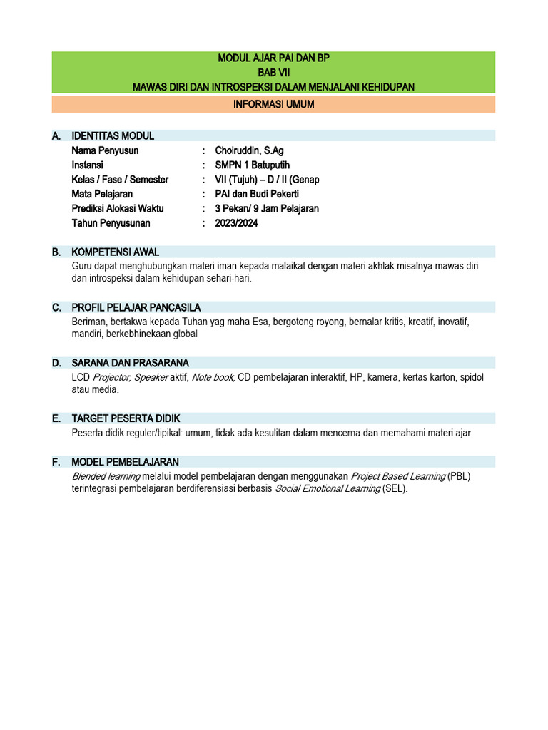 Modul Ajar Kelas 7 PAI - Bab 7 | PDF