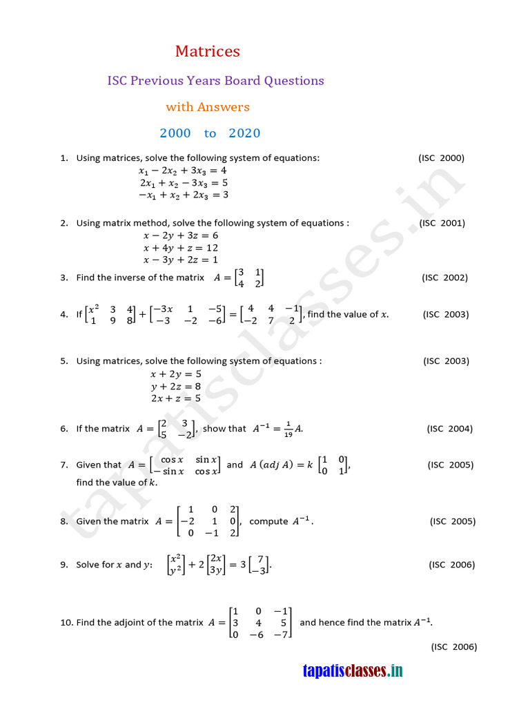 Matrices Previous Years Board Questions 2000 To 2020 With Answers of ...