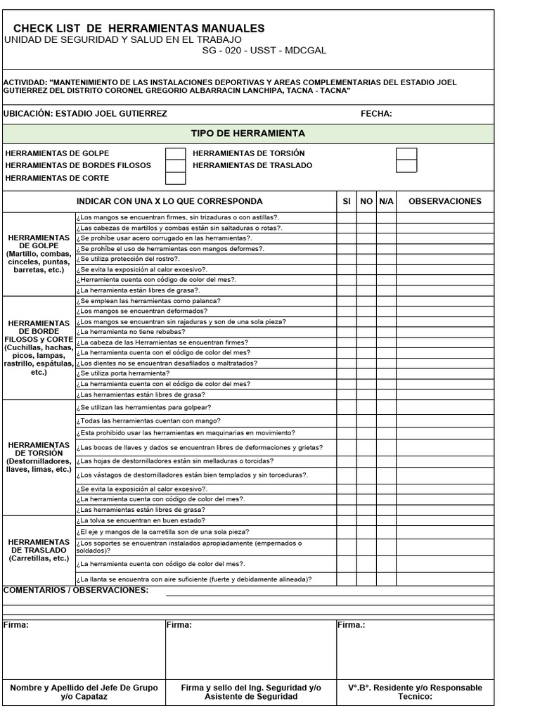 Sg-014-Mdi Check List de Herramientas Manuales | PDF | Herramientas | Martillo