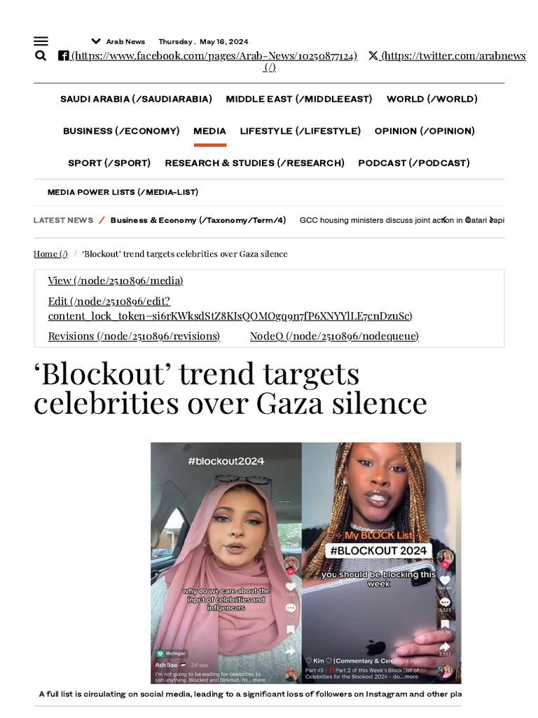 Blockout' Trend Targets Celebrities Over Gaza Silence - Arab News | PDF ...