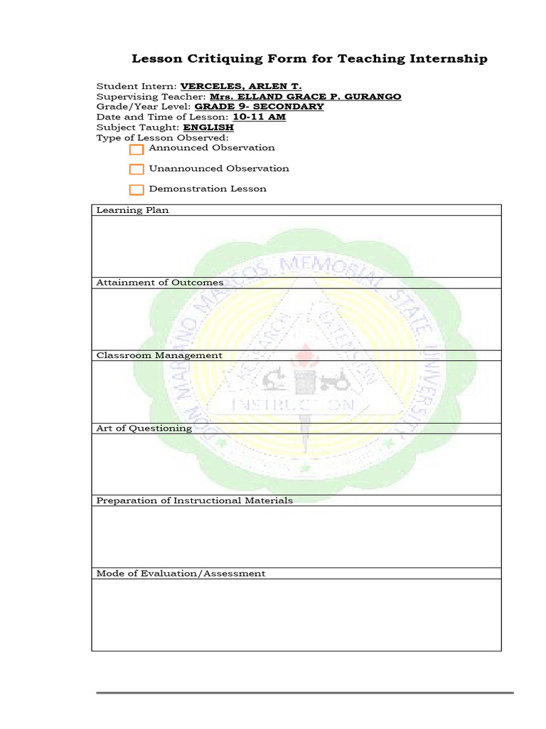 Evaluation Sheet Demo 1 | PDF | Teachers | Learning