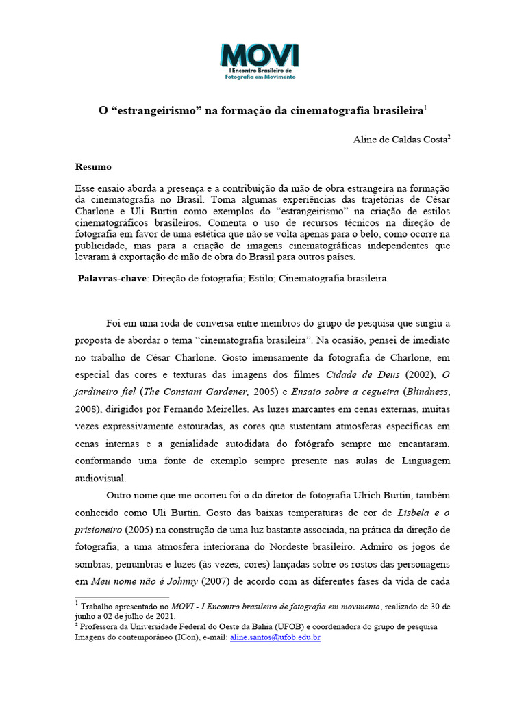 Aline de Caldas Estrangeirismo Na Cinematografia Brasileira | PDF | Fotografia cinematográfica ...