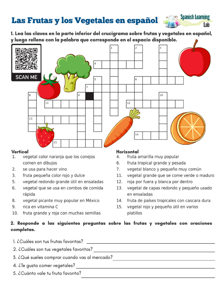 Fruits and Vegetables in Spanish Crossword Puzzle PDF Worksheet ...