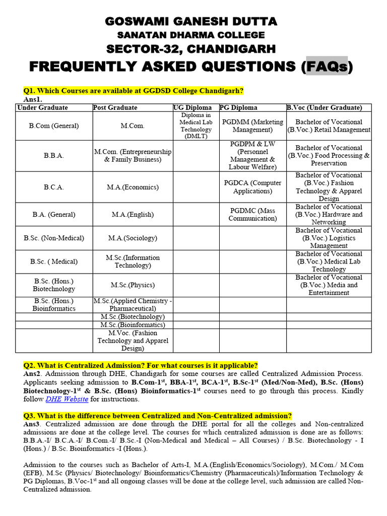 GGDSD College Chandigarh Admission FAQs | PDF