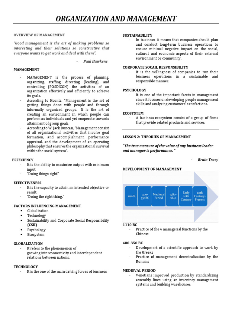 Lesson 1 and 2 Overview and Theories of Management | PDF | System | Business