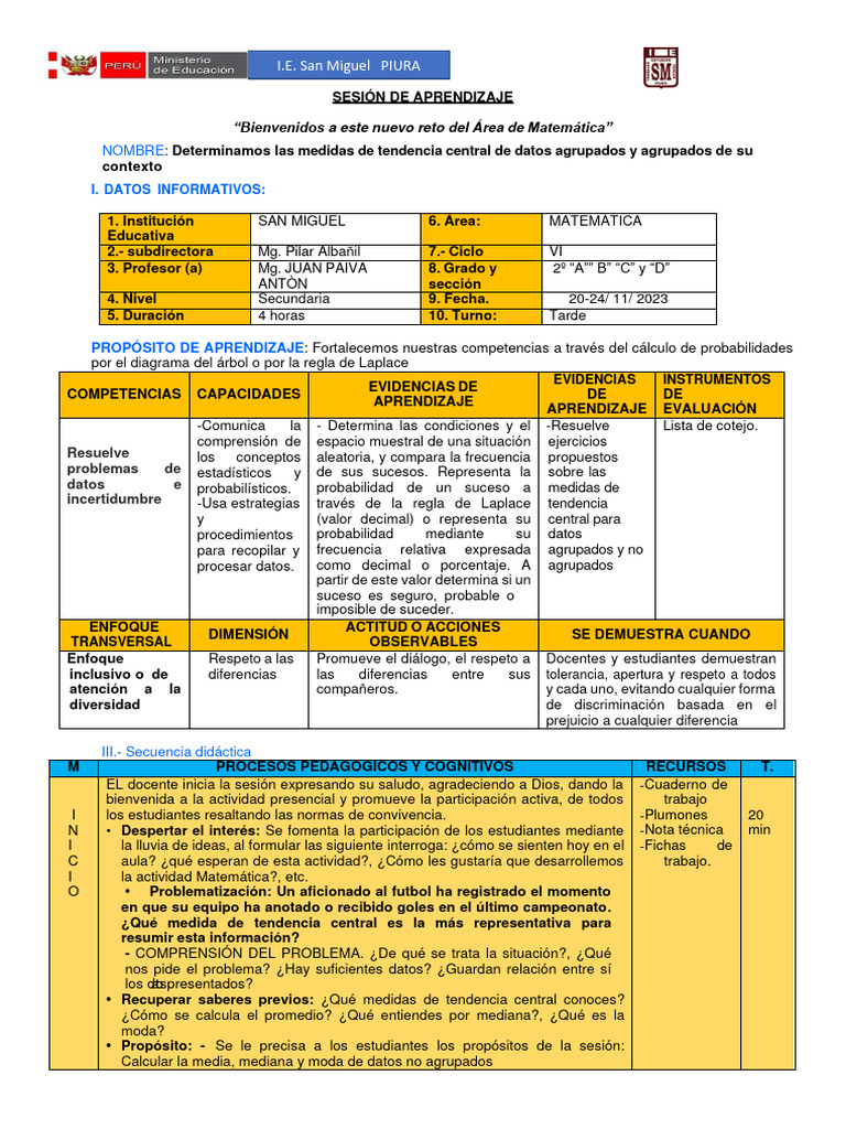 SESIÓN DE APRENDIZAJE SM Medidas de Tendencia Central | Descargar gratis PDF | Probabilidad ...