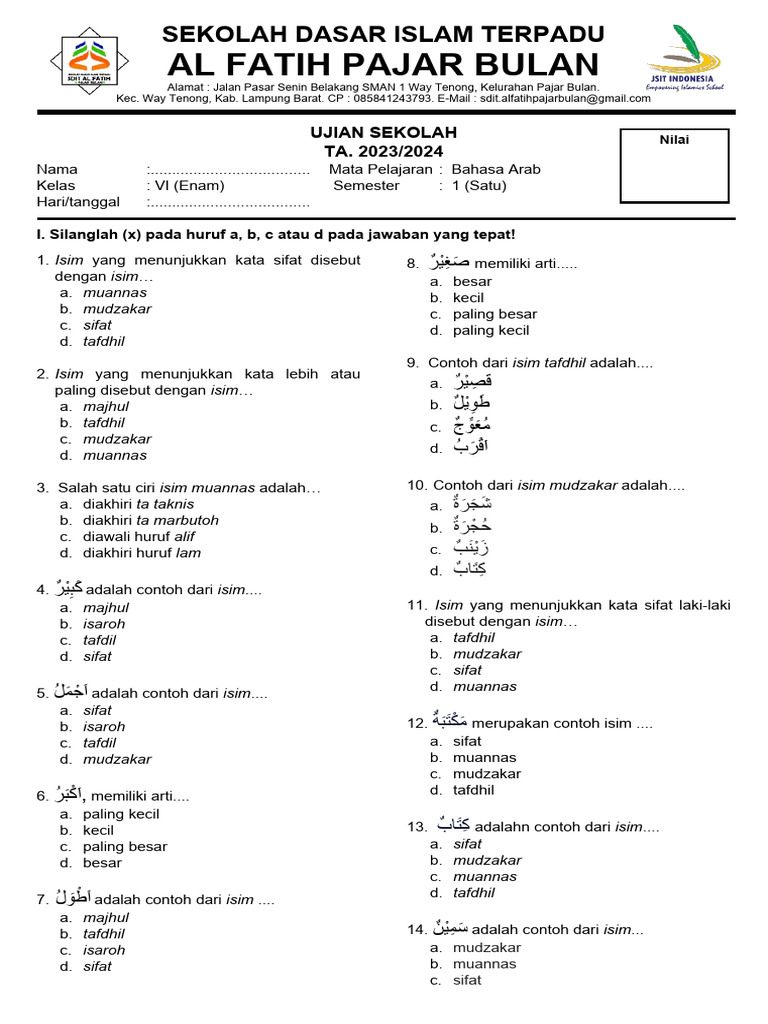 Contoh Isim dalam Bahasa Arab Kelas 6 | PDF